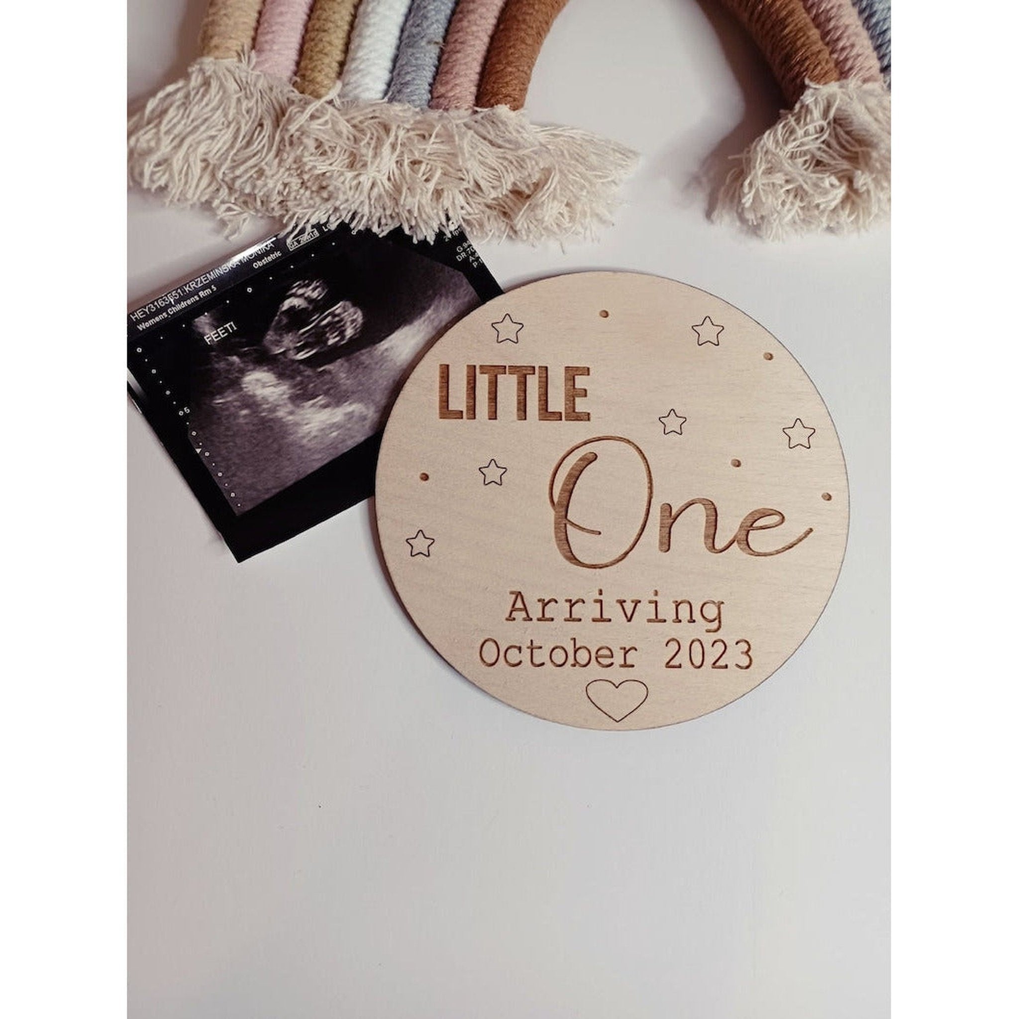 'Little One' Baby Annoucement Wooden Disc | Buy from CreativeMamaGiftShop